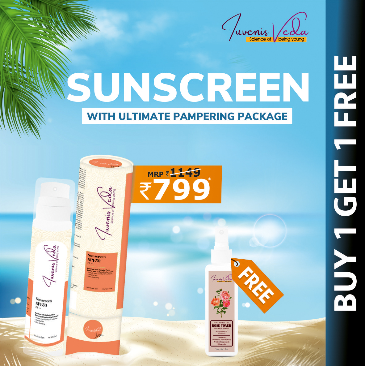 Iuvenis Veda Sunscreen SPF 50 PA+++ (50G) With Free Rose Toner (50ML ...